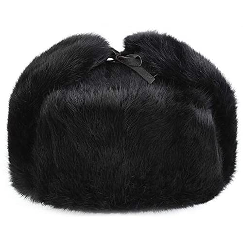 Fur Trapper Hat Winter Ushanka Russian Hat Men Fur Hats with 100% Rabbit Fur Aviator Hat with Earflaps Windproof（XL,Black）