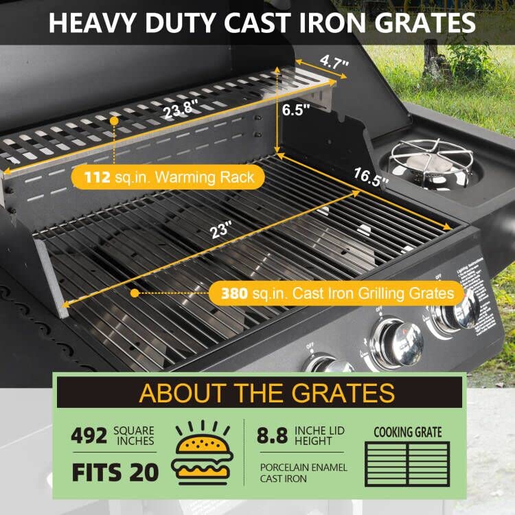 Propane Gas Grill 4 Burners with Side Burner Freestanding Grill Cart with Wheels for Outdoor Garden Cooking Barbecue Grill, Black
