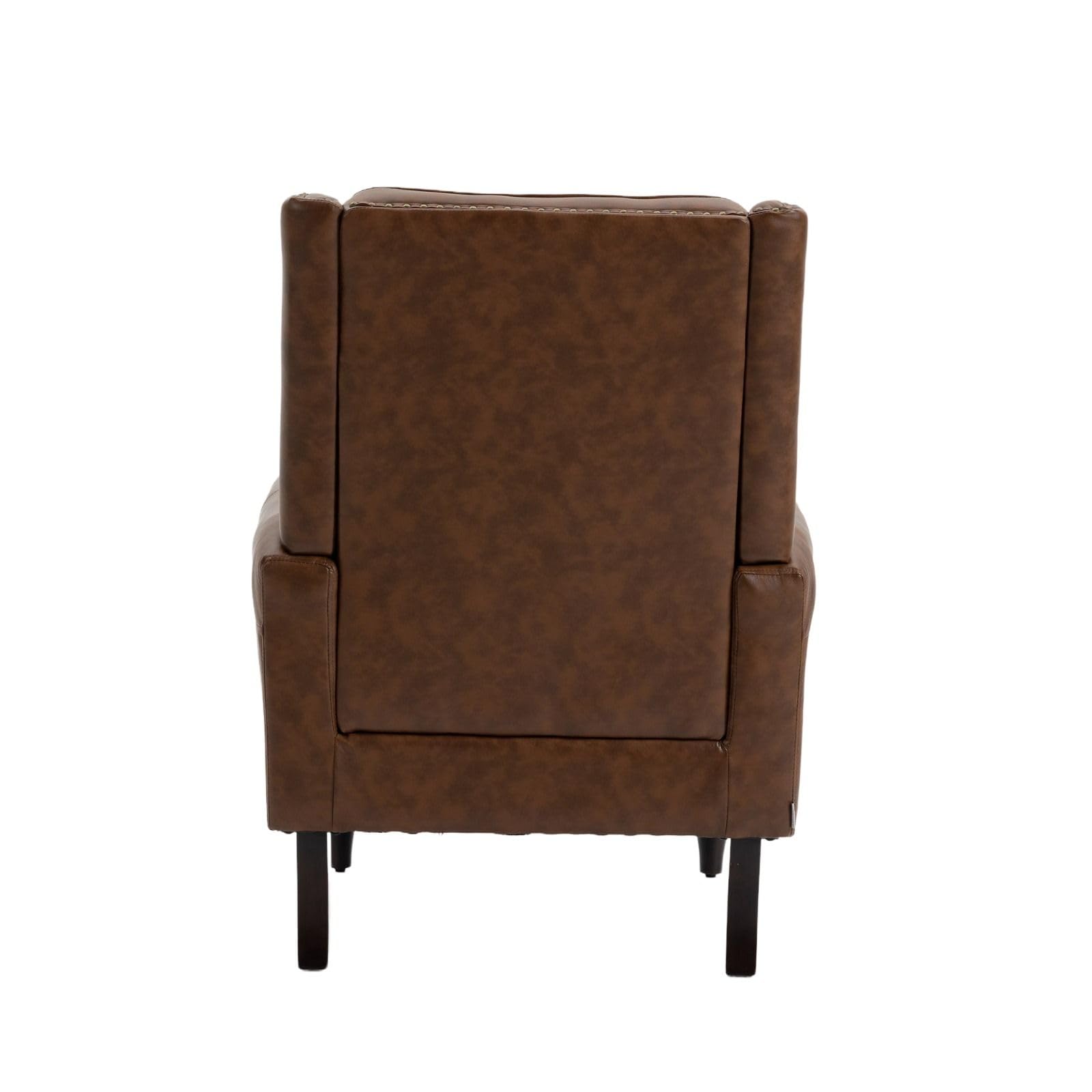 FRITHJILL Faux Leather Mid Century Modern Accent Chair with Wooden Legs and Wing Back, Rivet Decoration Upholstered Tufted Armchair with High Backrest and Track Arms, Brown PU