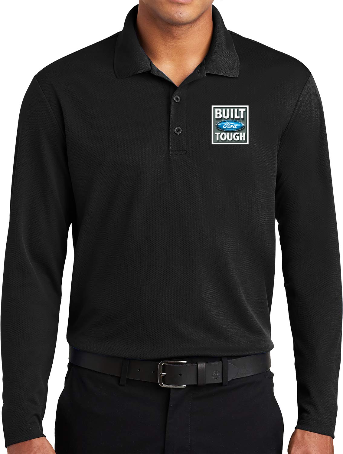 Ford Built Ford Tough Pocket Print Long Sleeve Polo, Black Large