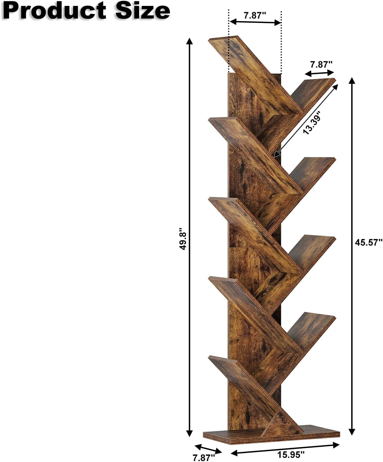 Function Home 9 Tier Tree Bookshelf, Modern Tall Geometric Bookcase, Freestanding Book Shelf, Wood Floor Storage Shelf for Living Room, Bedroom, Home Office,Rustic Brown