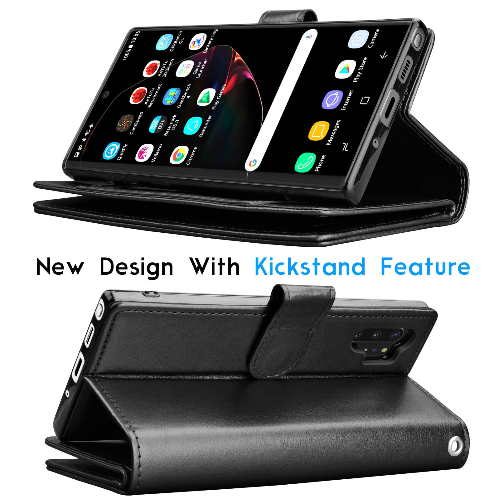 Galaxy Note 10 Plus Case, Galaxy Note 10+ Wallet Case, Luxury Cash Credit Card Slots Holder Carrying Folio Flip PU Leather Cover [Detachable Magnetic Hard Case] Kickstand for Samsung Note10+ [Black]