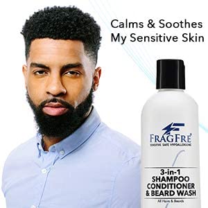 FRAGFRE 3 in 1 Shampoo Conditioner and Beard Wash for Men 12 oz - Unscented Beard Wash for Sensitive Skin - One Step Hair and Beard Cleansing and Conditioning - Saves You Time and Money (1 Pack)