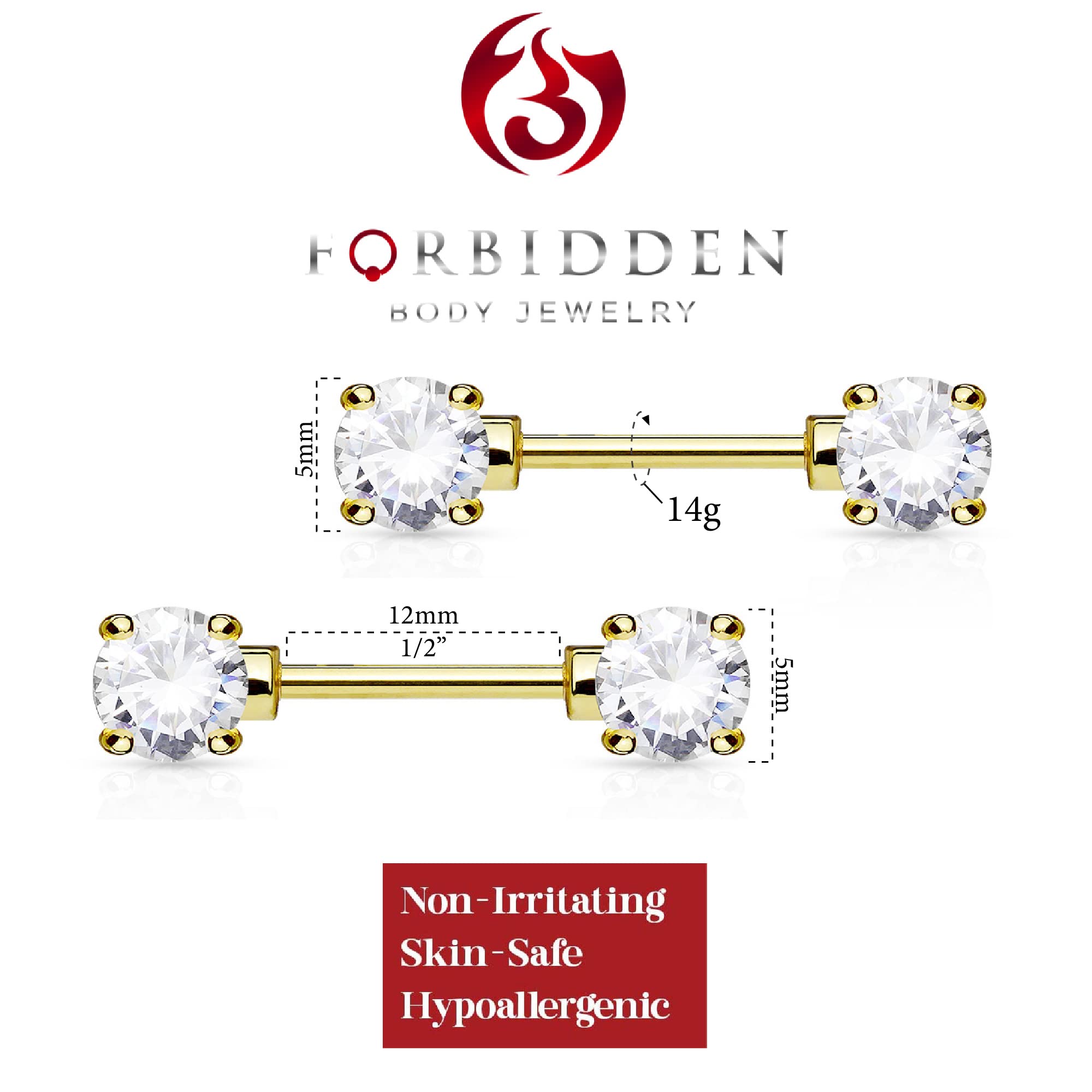 Forbidden Body Jewelry 14g 1/2 Inch (12mm) 14k Gold Plated Clear CZ Crystal Front Facing Gemmed Nipple Ring Barbell Set
