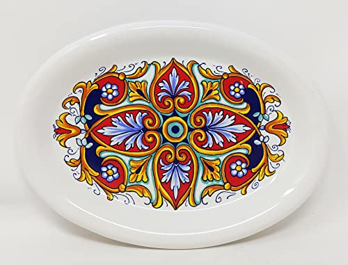 Nova Deruta Small Oval Serving Dish Plate, Red Hearts Floral and Spirals, Made in Italy, Italian Exclusively Handcrafted Earthenware for Sur La Table, Deruta Region Artwork, Tray 9.5" x 6.75"