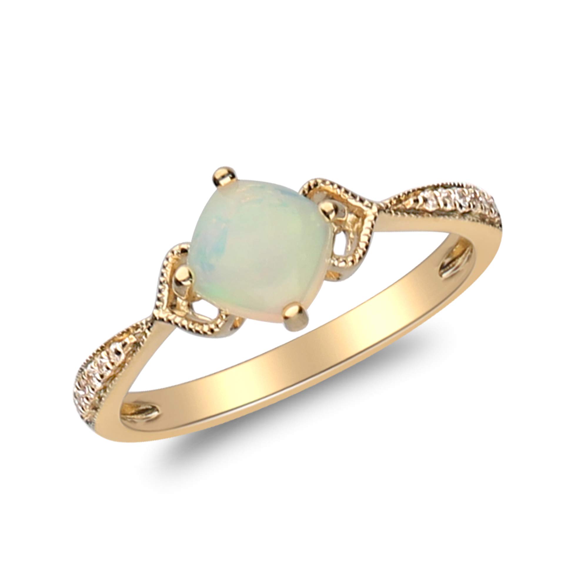 Gin & Grace 14K Yellow Gold Natural Ethiopian Opal Ring with Diamonds for women | Ethically, authentically & organically sourced (Cushion) shaped opal jewelry for her | Opal Ring for women