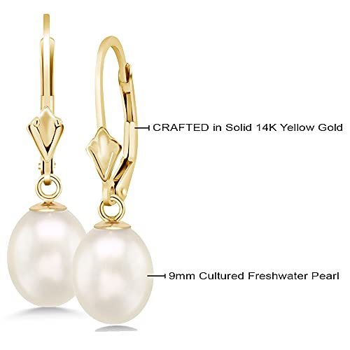 Gem Stone King 14K Yellow Gold 9MM Cultured Freshwater Pearl Dangle Earrings For Women