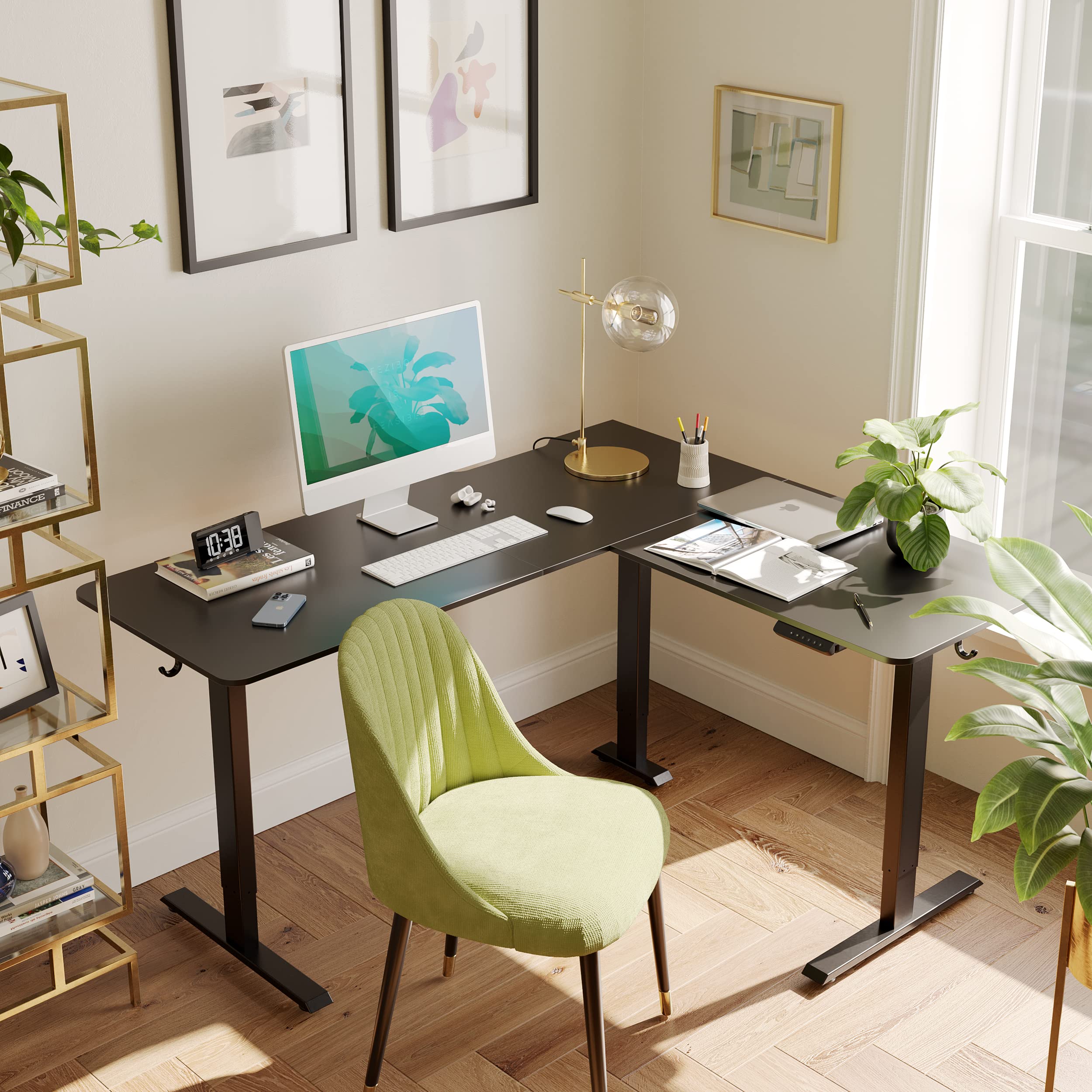 FEZIBO L Shaped Standing Desk Adjustable Height, 63 Inch Electric Stand up Corner Computer Desk, Sit Stand Home Office Desk with Splice Board, Light Walnut Top/White Frame