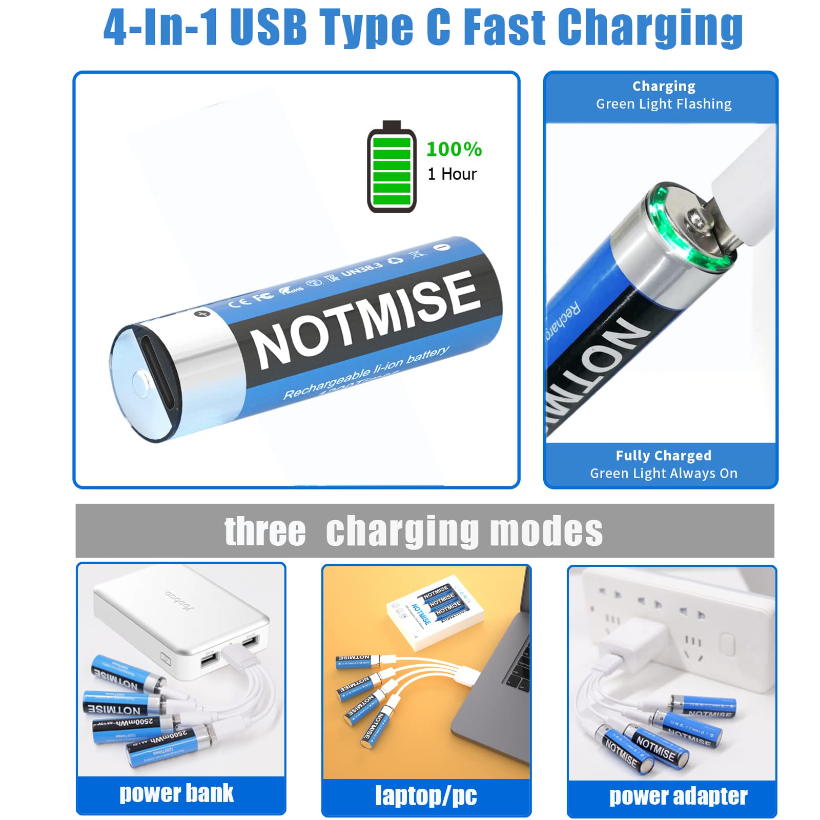 Notmise Rechargeable AA Batteries, AAA Lithium Ion 1.5V, Fast Charge, 4-in-1 USB Type C Charging Cable, Over 1200 Cycles, 4AA+4AAA (AAA-4pcs)