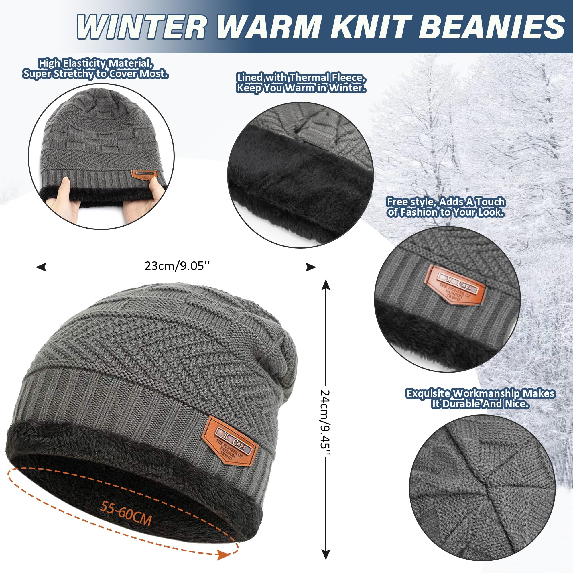 FZ FANTASTIC ZONE Mens Womens Winter Beanie Hat Scarf Set Warm Knit Thick Fleece Lined Skull Cap Neck Warmer for Men Women Dark Grey
