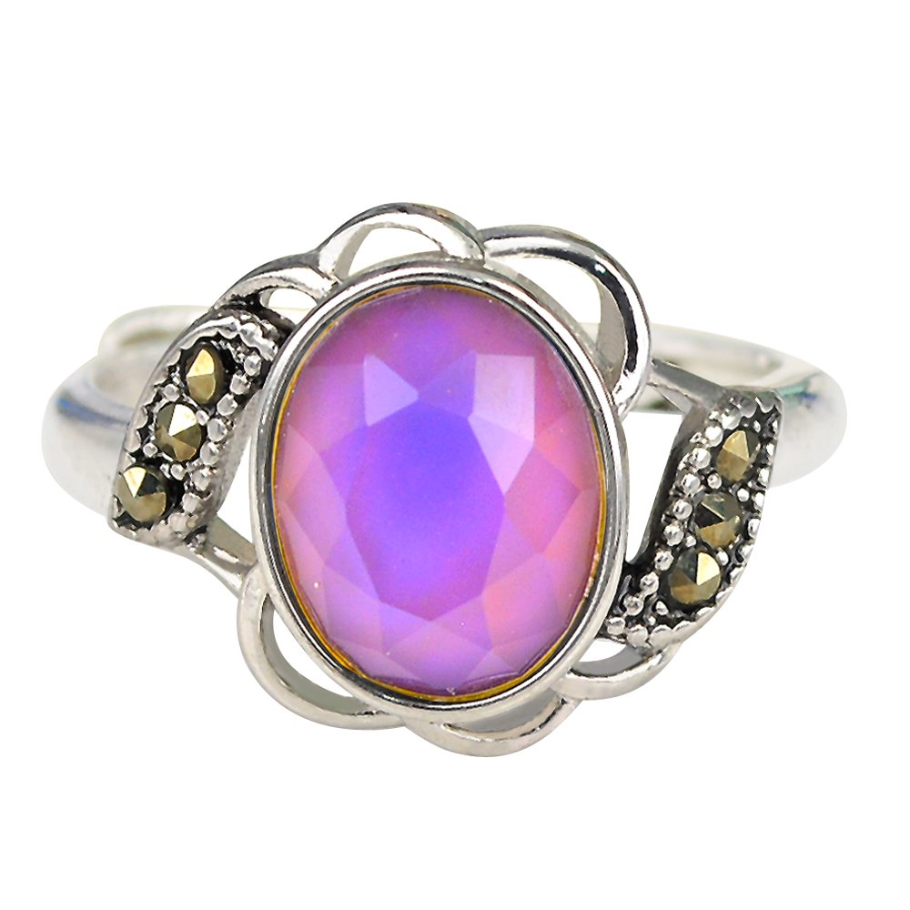 FUN JEWELS Vintage Style Flower Multi Color Change Oval Facet Crystal Stone Brass Mood Ring Size Adjustable For Women