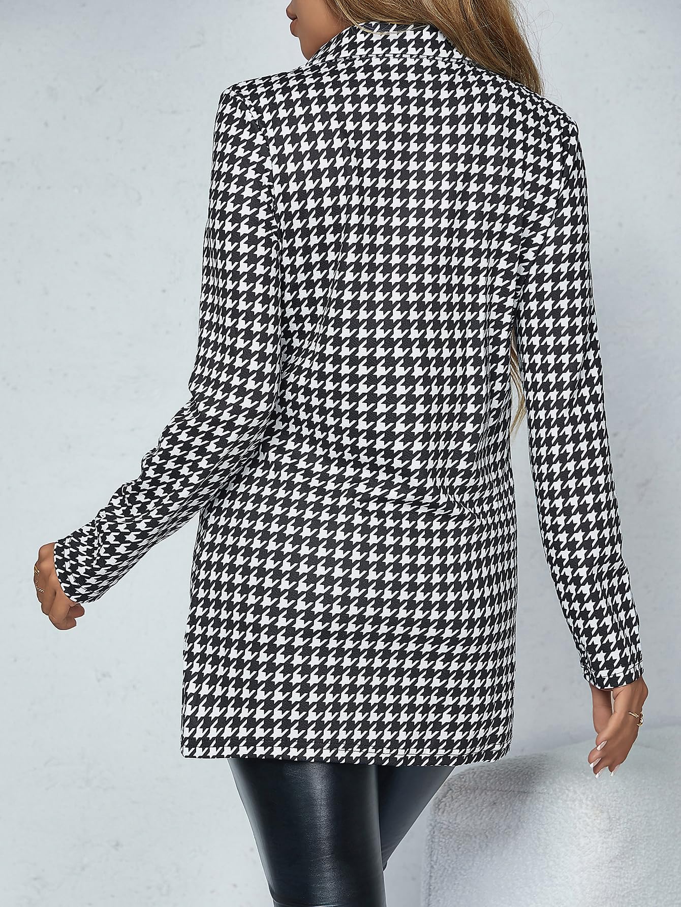 Floerns Women's Casual Work Office Open Front Striped Blazer Black White Houndstooth S