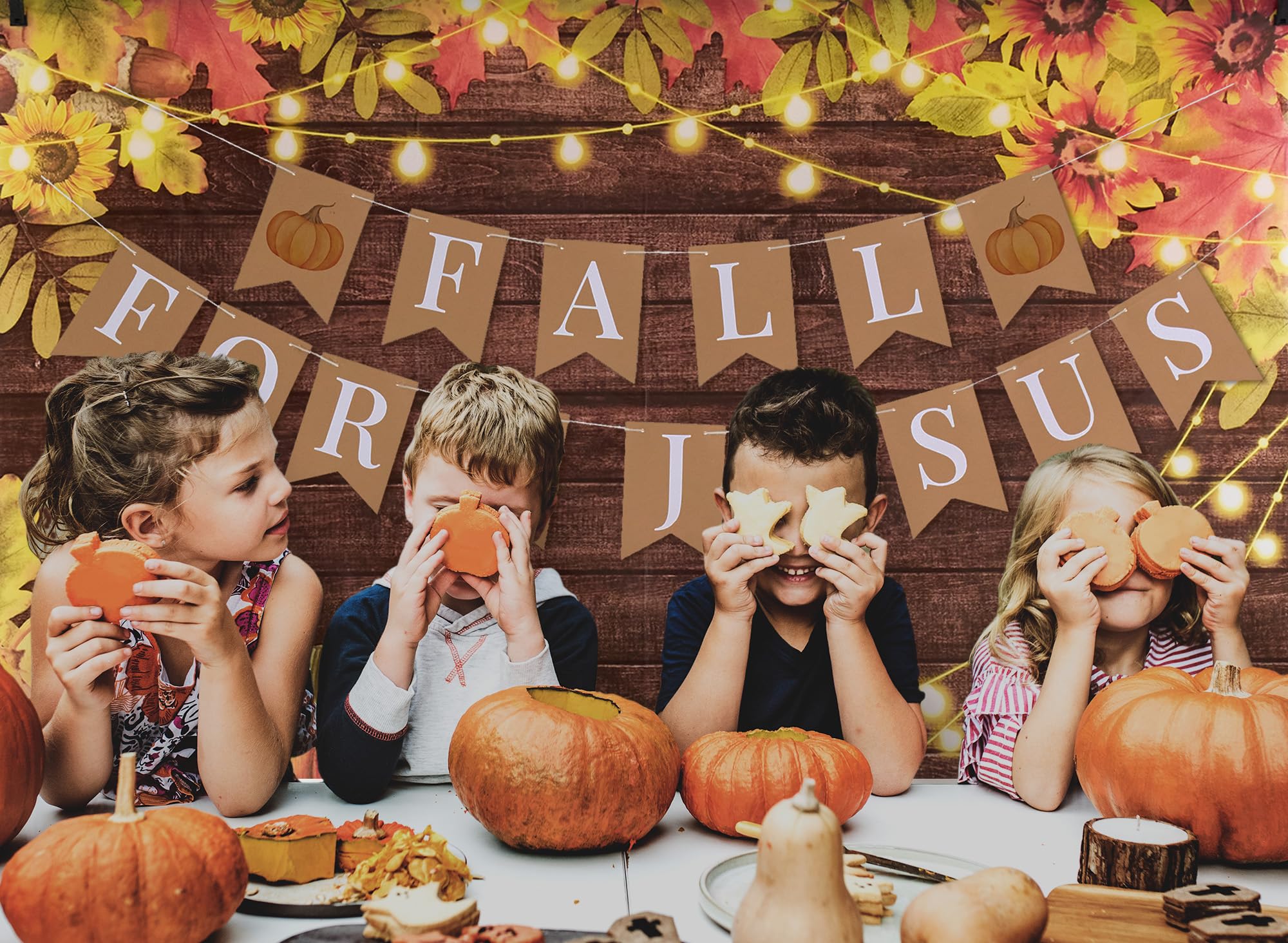 Funnytree Fall for Jesus Decor Props Kit - a 5.9 x 3.6 FT Backdrop/Cards/Ribbon - Party Supply Set for Photo Booth Background