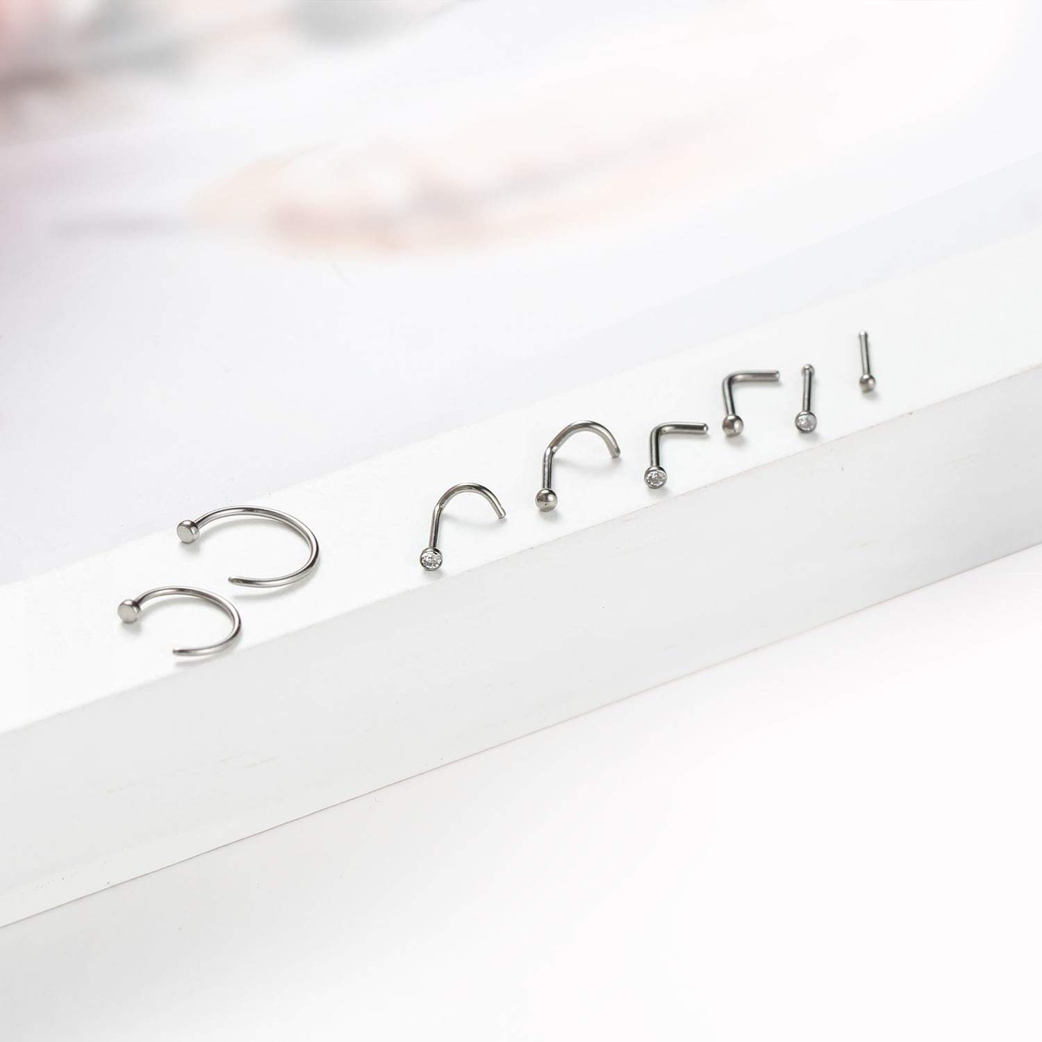 GAGABODY G23 Titanium 20G Nose Ring Hoop 2mm Press Fit Crystal Gem Nose Screw Nose Studs Ring L-Shaped Bone Piercing Jewelry