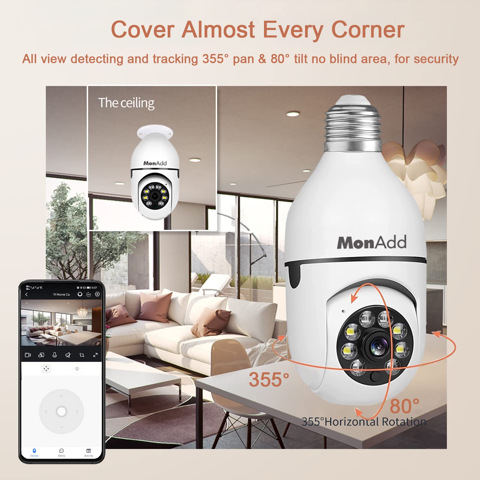 MonAdd 1080P Light Bulb Camera, PTZ E27 Wireless Camera Light Bulb WiFi Camera, 360 Degree Night Vision Light Socket Camera for Home, Indoor and Outdoor, Baby,Pet