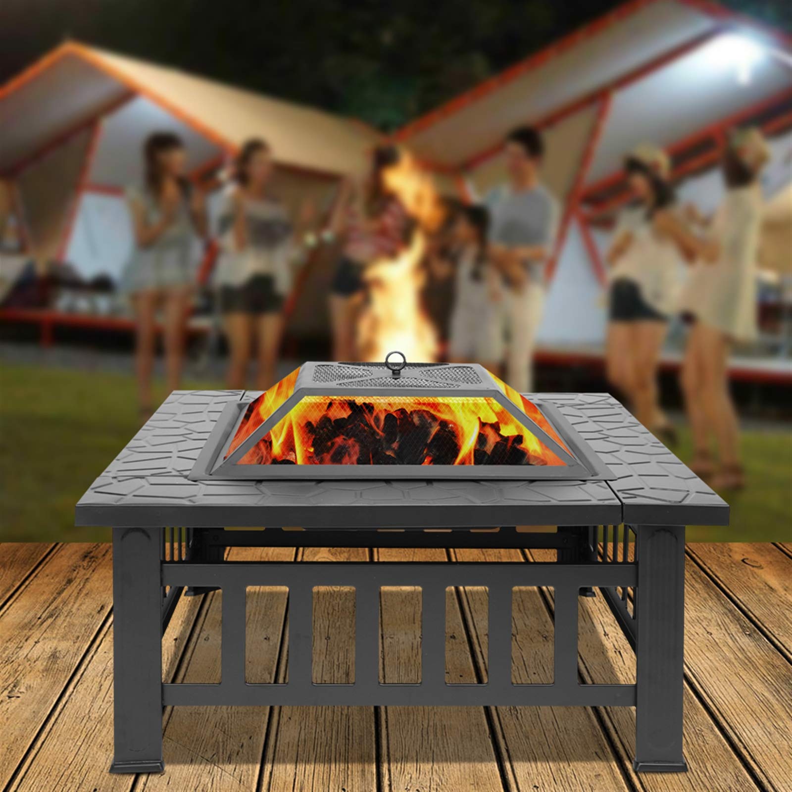 Fire Pit 32'' Wood Burning Firepit Metal Square Outdoor Fire Tables SteelFire Pit Bowl with Spark Screen Cover, Poker Log Grate for Patio Bonfire Camping Backyard Garden Picnic