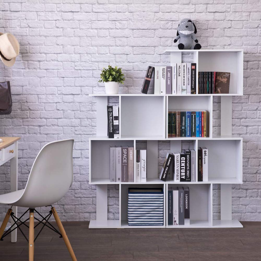 Frama 3-Shelf Creative Storage Bookcases Room Divider, S-Shaped Z-Shelf Bookshelf Standing Storage Shelves for Bedroom, Living Room, Home Office, White