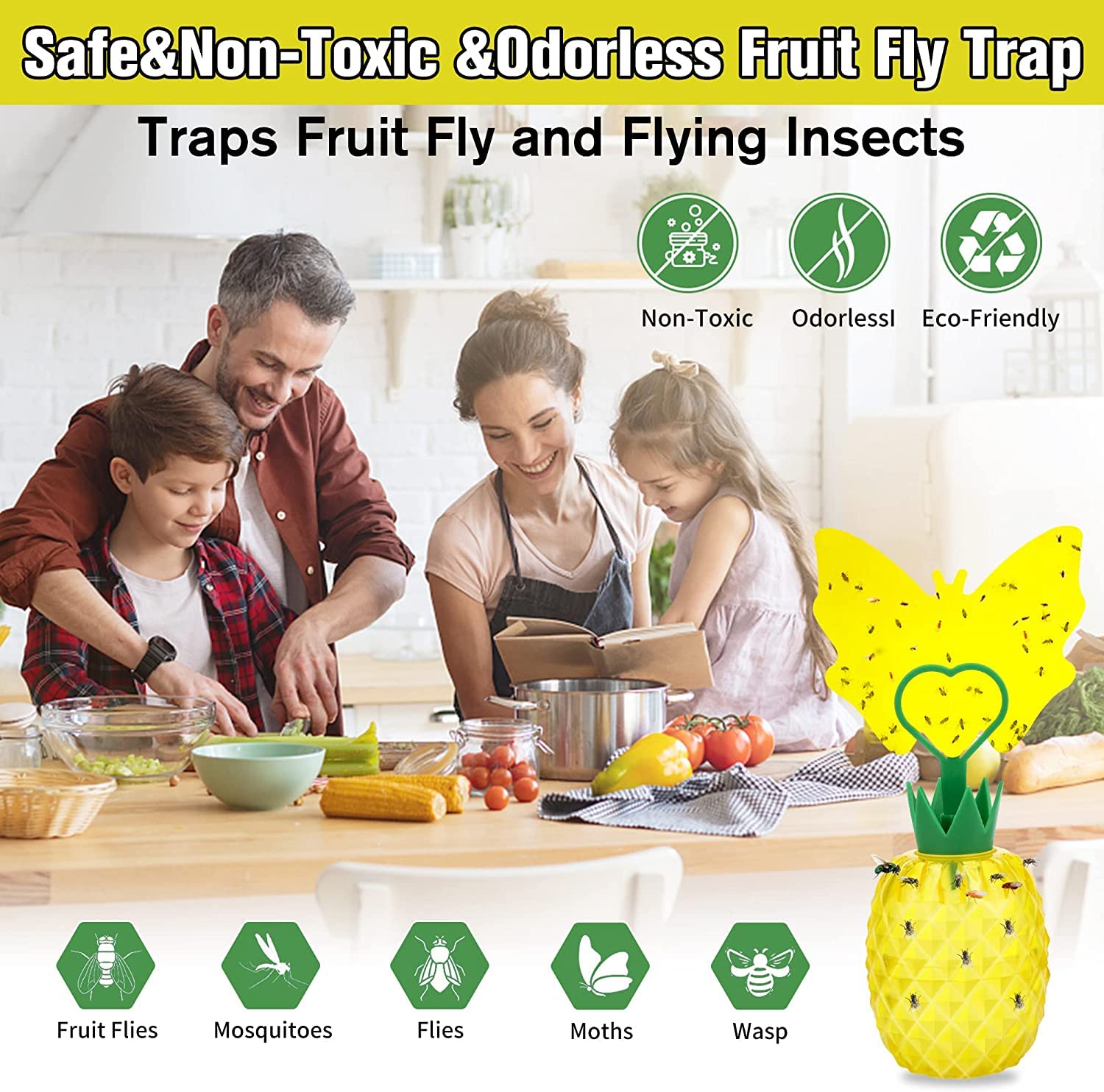 Fruit Fly Trap with Sticker, 2023 Upgrade Effective Fly Catcher Gnat Traps for House Indoor, Safe Non-Toxic Reusable Fruit Fly Gnat Killer with Fruit Fly Attractant for Home, Plant, Kitchen (2 Pack)