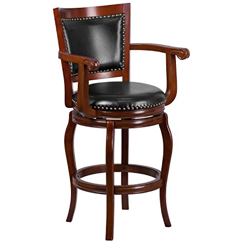 Flash Furniture Vestina 30" LeatherSoft Barstool with Footrest and Arms, Classic Ladder Back Upholstered Bar Height Stool, Cherry Wood/Black