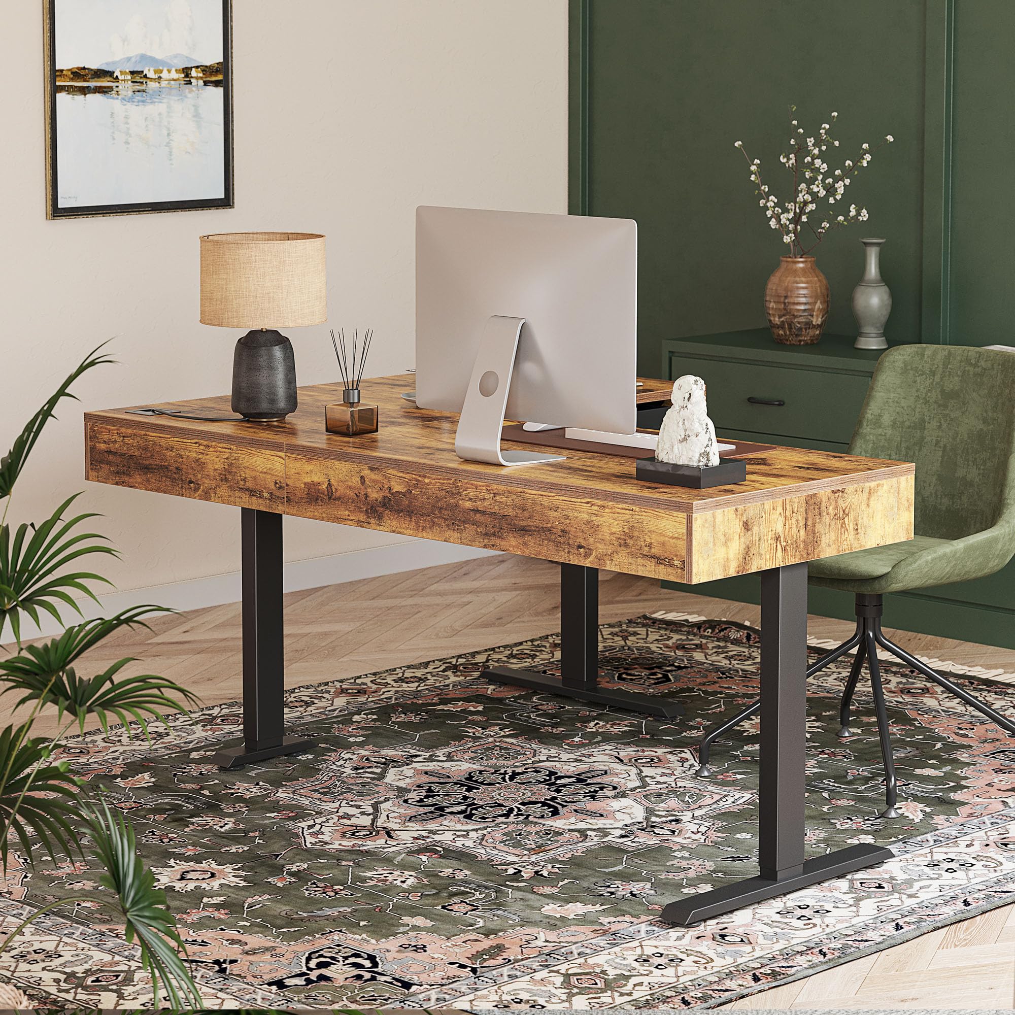 FEZIBO Whole-Piece L Shaped Standing Desk Adjustable Height with 3 Drawers, 63 x 48 Inches Adjustable Desk L Shape, Rustic Brown(2 Packages)