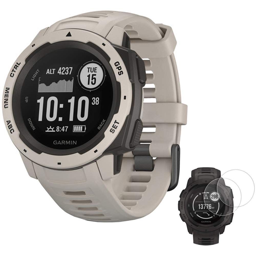 Garmin Instinct Rugged Outdoor Watch with GPS and Heart Rate Monitoring Tundra (010-02064-01) with Deco Essentials 2-Pack Screen Protector Instinct