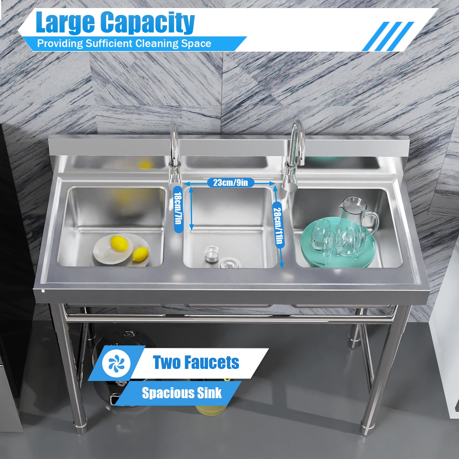 Surneis Sink, Stainless Steel Sinks, Commerical Sink Cooking Sink 3-Compartment H-shaped construction Food Truck Sink 304 Stainless Steel Utility Sink for Use In Restaurants, Canteens, Snack Bars