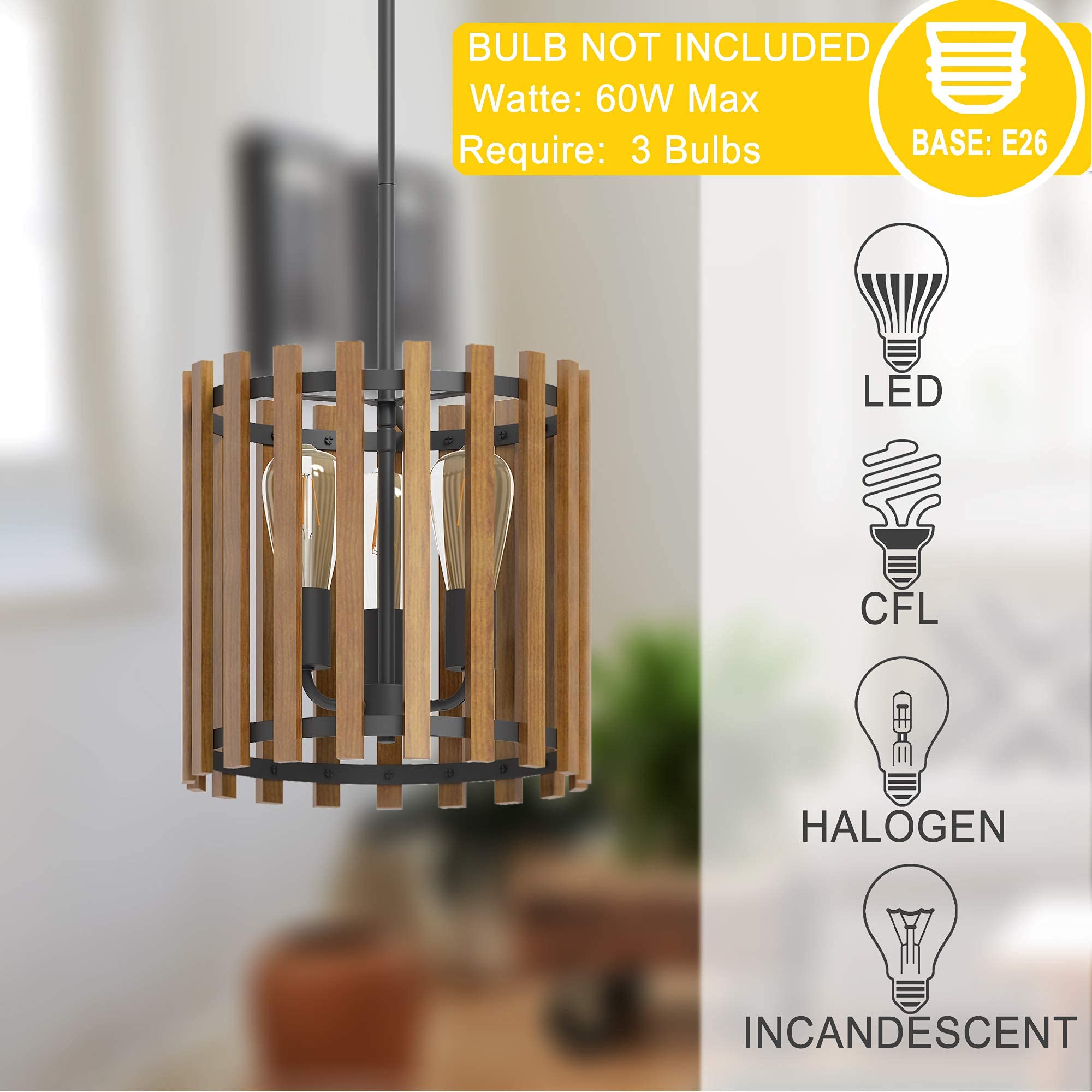 GETINLIGHT 12" W 3-Light Wood and Black Finish Farmhouse Pendant Lighting for Kitchen Island, Dining Room, Rustic Drum Hanging Pendant Light with Adjustable Height, Bulb Not Included, IN-0333-3-WD