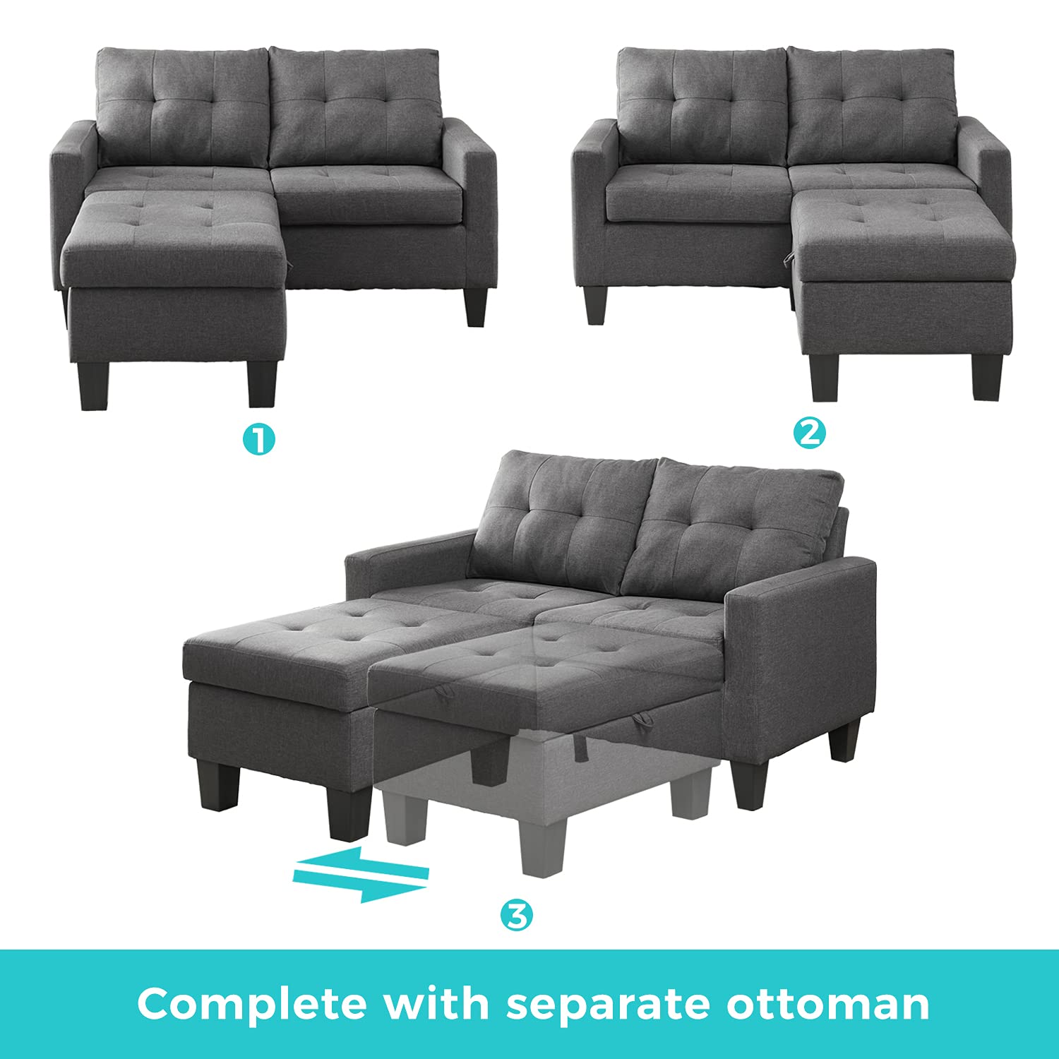 GOOD & GRACIOUS Sectional Sofa Set 57" L-Shaped Couch Chaise Polyester Fabric Loveseat Furniture with Reversible Storage Ottoman for Apartment Office Living Room Bedroom Small Space (Dark Grey)