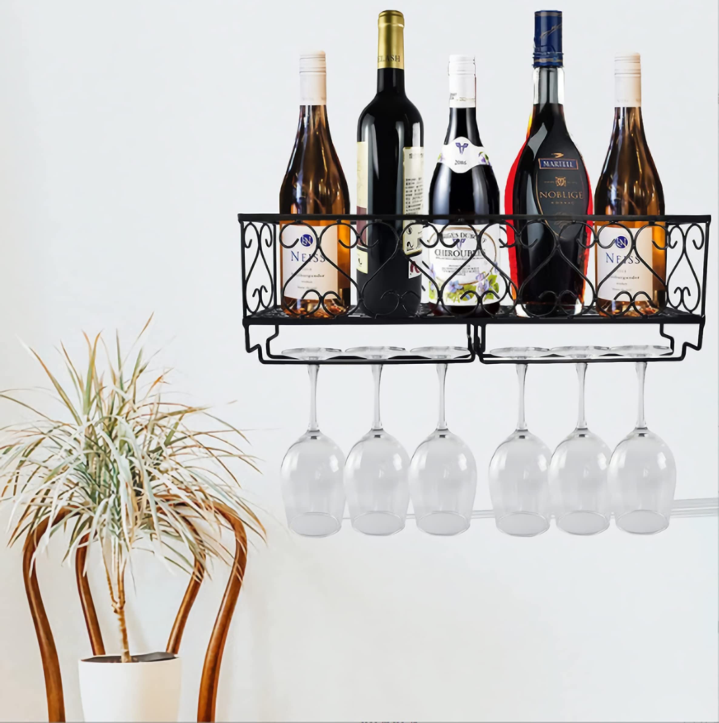 KNC Wall Mounted Wine Rack, Metal Bottle & Glass Holder with Hanging Stemware Glasses, Kitchen,Restaurant Living Room Décor,Storage Rack (Large (50cm/19.68in))