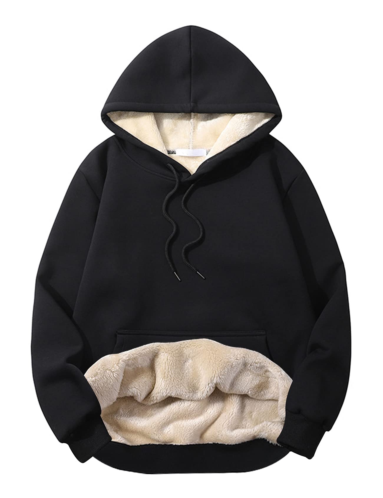 Flygo Men's Casual Fleece Sherpa Lined Hoodie Winter Warm Pullover Hooded Sweatshirt(Black-XL)