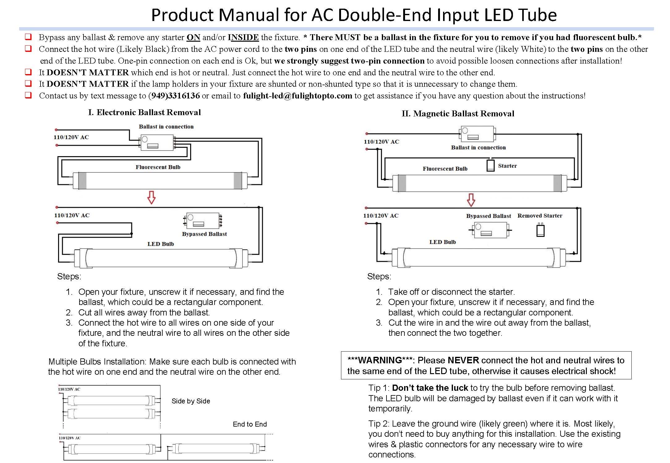 Fulight Type B & Rotatable LED F15T8 Tube Light-18-Inch (17-3/4 Inches Actual Length) 1.5FT 7W, Warm White 3000K, Double-End Powered, Frosted Cover, 85-265VAC (Not a Plug-and-Play)