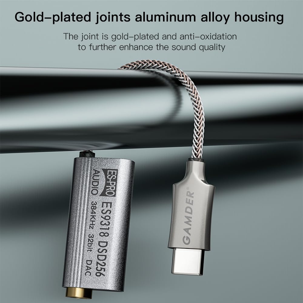 GAMDER USB Type C to 3.5mm DSD256 Hi-Fi Audio Chip Decoder 32bit 384kHz Headphone Amplifier Adapter DAC for Android Phone Mac Windows 10 (ES9318 Chip)