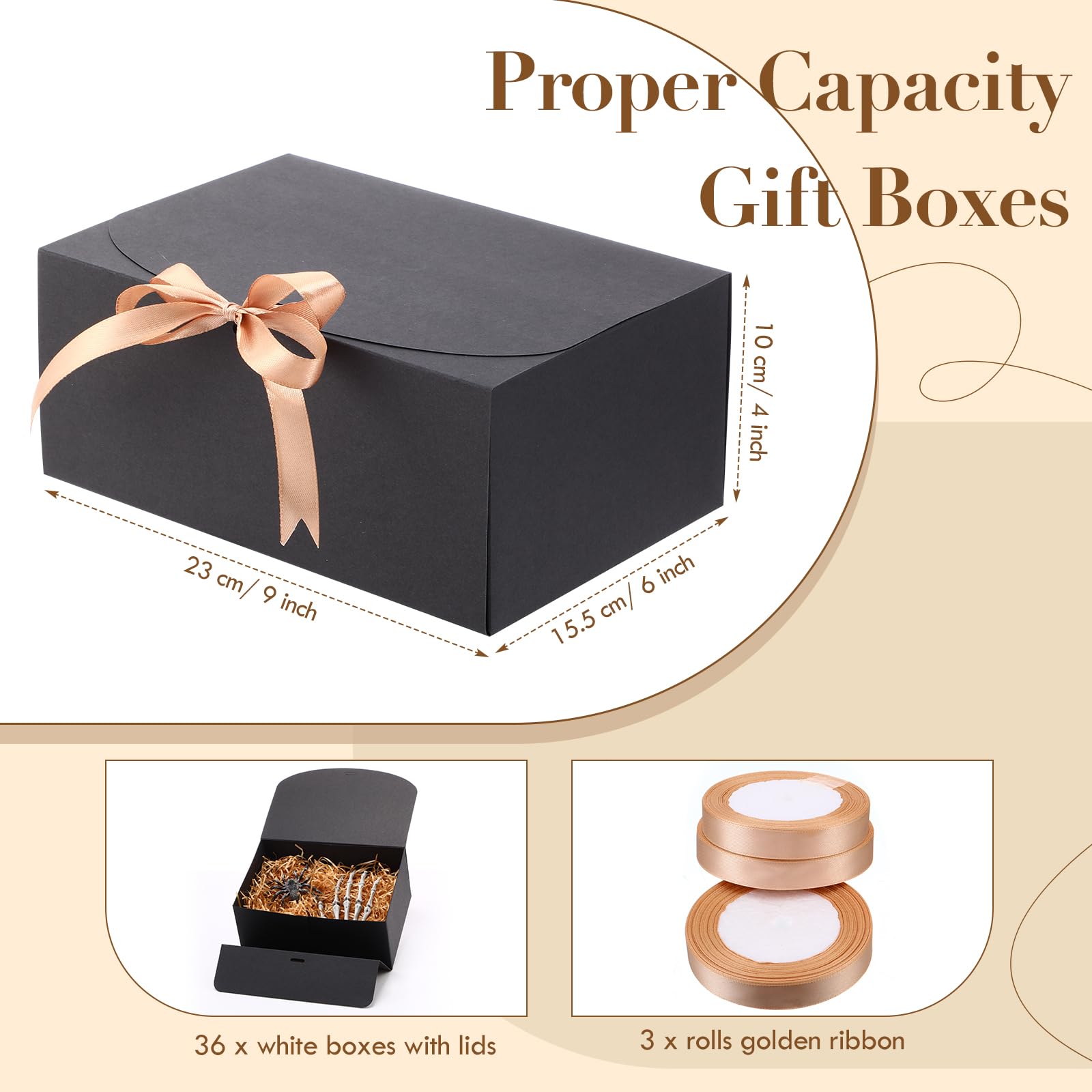 Fulmoon 36 Pack Black Gift Boxes with Lids, 9 x 6 x 4 Inch Bridesmaid Proposal Box with Gold Ribbon, Gift Wrap Boxes, Kraft Paper Gift Boxes for Packaging Wedding Halloween Christmas Birthday Party