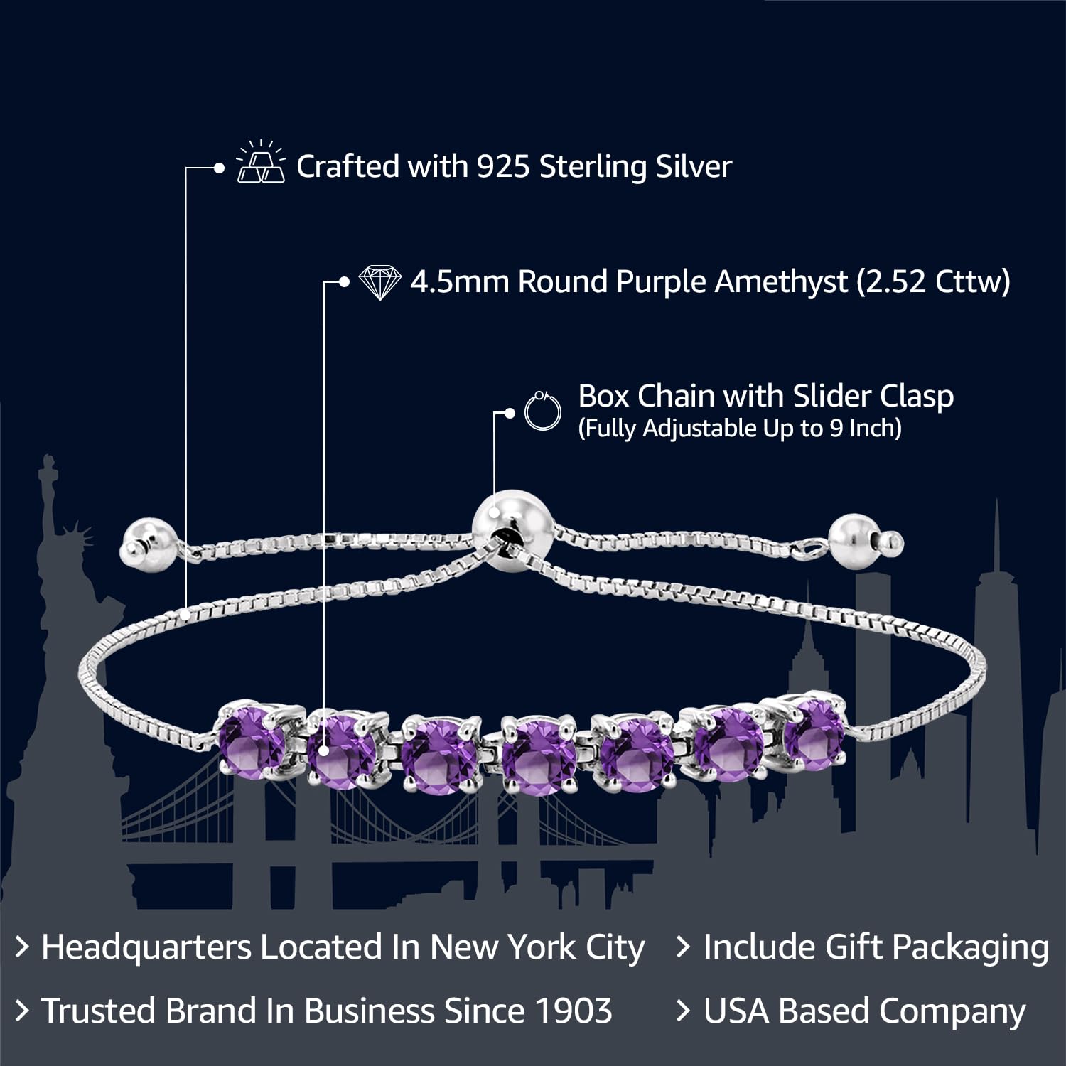 Gem Stone King 7-Stone Tennis Bracelet For Women In 925 Sterling Silver | 4.5MM Round Gemstone Birthstone | Fully Adjustable Up to 9 Inch