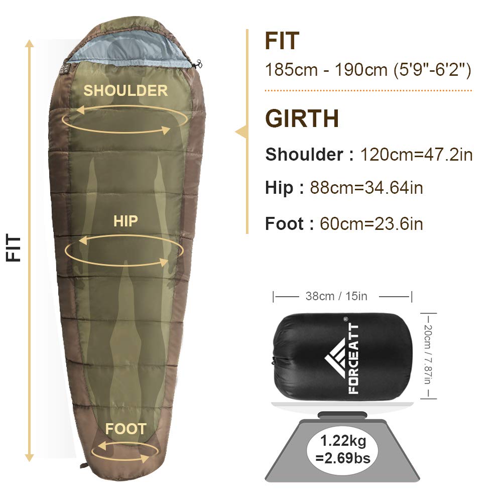 Forceatt Mummy Sleeping Bag for Adults,32-68 ℉ Suitable for 3-4 Seasons Ultra-Light Backpack Sleeping Bag,Lightweight Warm and Washable,for Outdoor Camping and Hiking Traveling