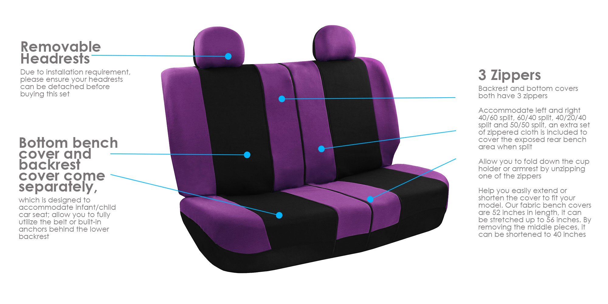 FH Group Car Seat Covers Front Set and Rear Split Function with Steering Wheel Cover and Seat Belt Pads Combo Set Purple Seat Covers– Interior Accessories Universal Fit for Cars Trucks & SUVs