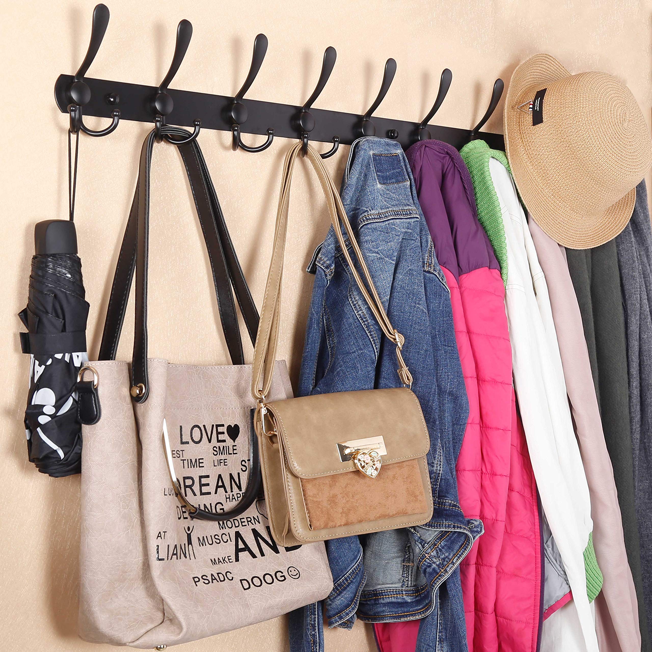 WEBI Coat Rack Wall Mount Long,8 Tri Hooks for Hanging Coats,30 inch Hook Rack,Hook Rail,Coat Hanger Wall Mount for Clothes,Jacket,Hats,Black,2 Packs