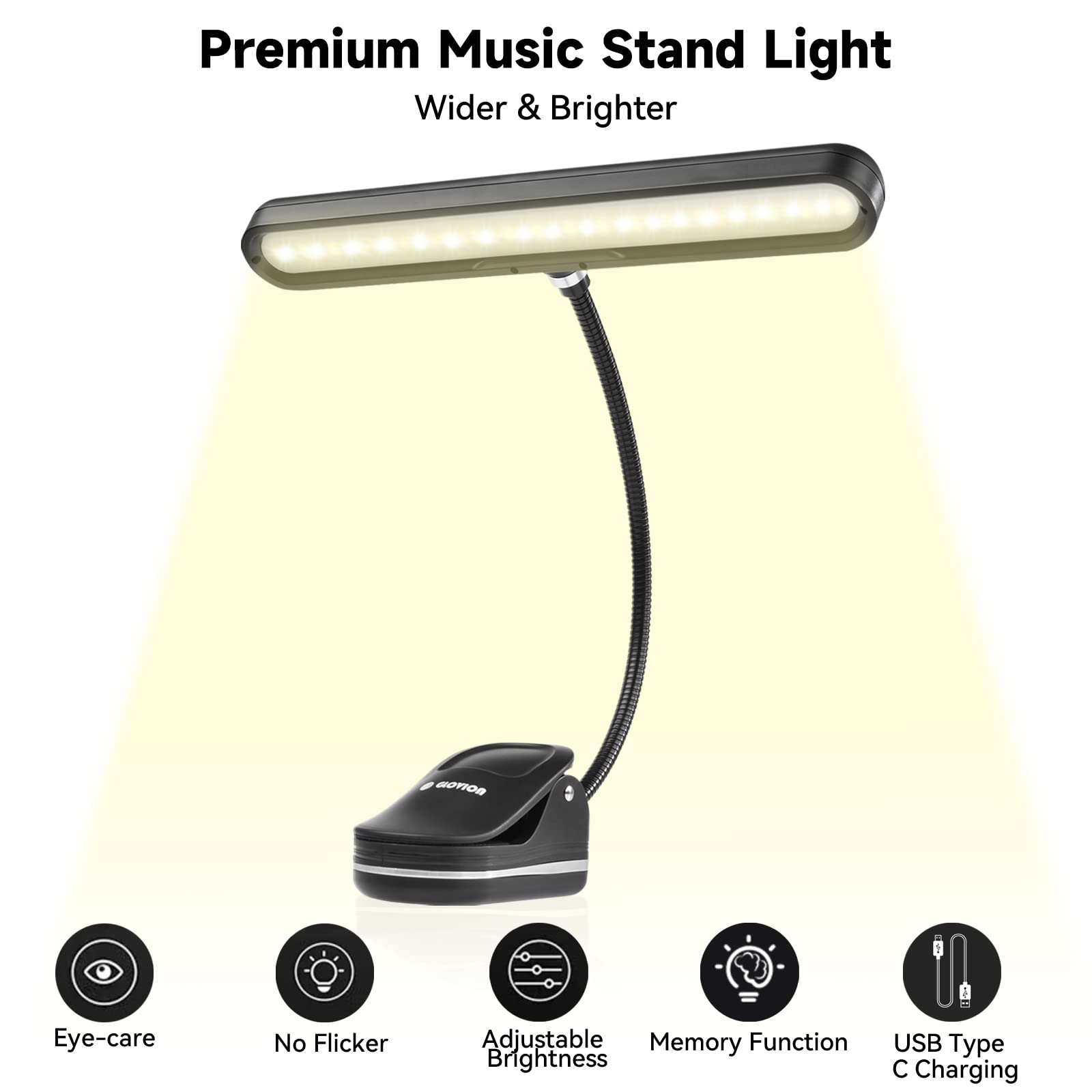 Glovion Music Stand Light, Clip On Piano Lights 37 LED Book Light, 3 Brightness X Stepless Dimmable Color Orchestra Light, USB Rechargeable Perfect for Piano, Guitar, Orchestra, Reading Sewing