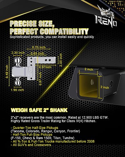 RENO Adjustable Trailer Hitch, Aluminum Dual-Balls with 2 Inch and 2-5/16 Inch, 4" Rise/Drop Hitch Ball Mount for 2" Receiver - 12,500 lbs Towing Capacity