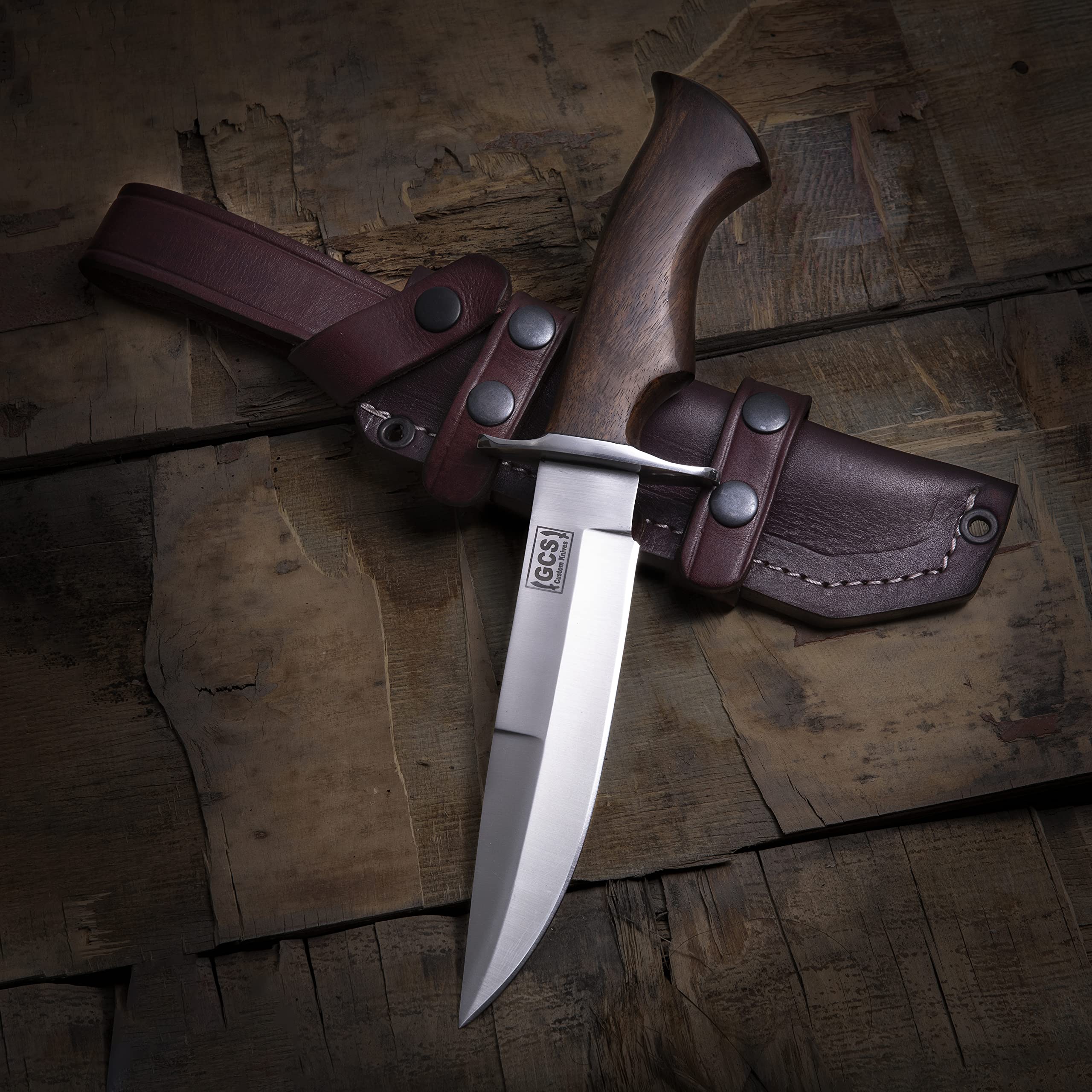 GCS Handmade Wooden Handle D2 Tool Steel Tactical knife Hunting Knife Bushcraft Knife with leather sheath Full tang blade designed for Hunting & EDC GCS 280