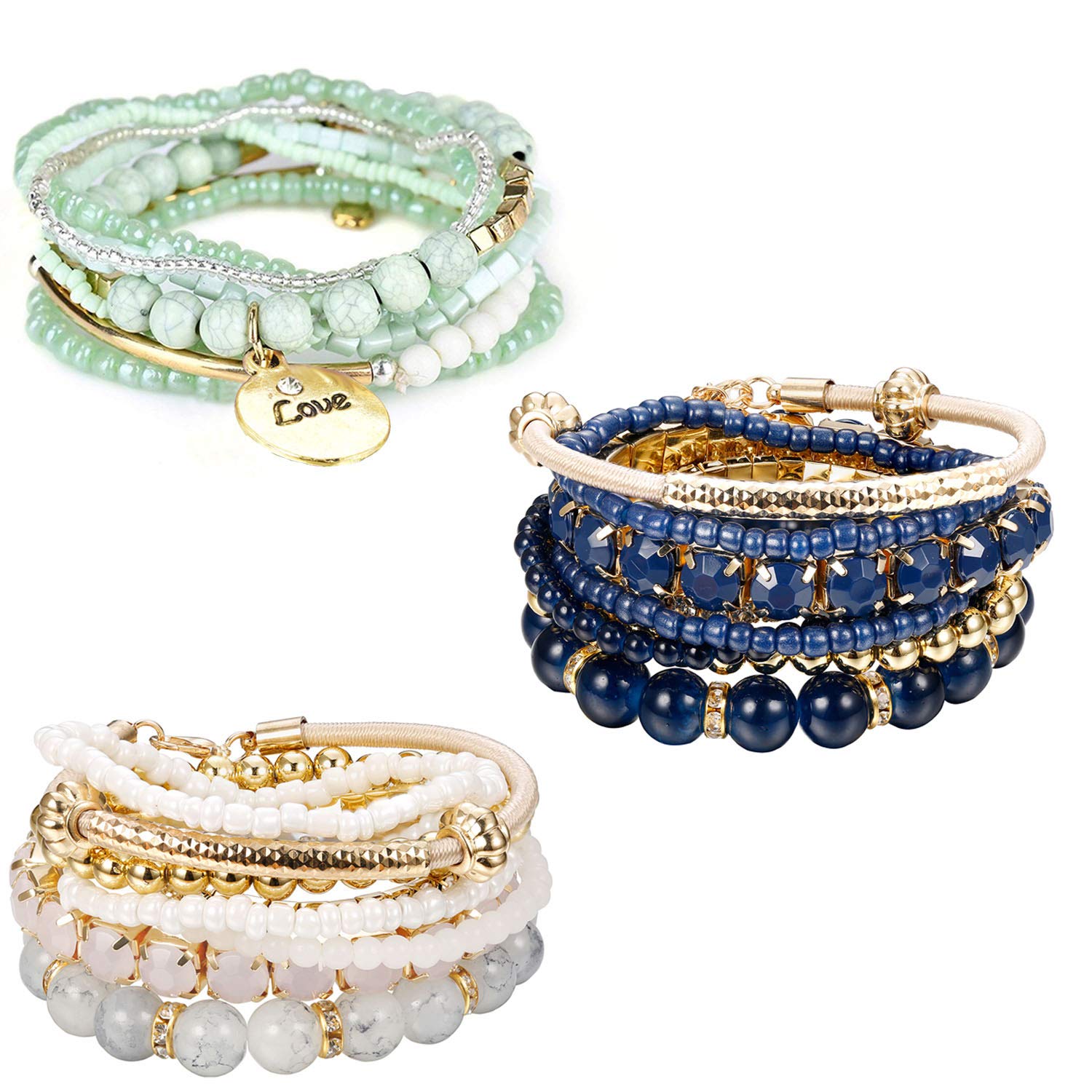 FINREZIO 3 Sets Bohemian Beaded Bracelets for Women Multilayer Stretch Stackable Bracelet Set Multicolor Jewelry