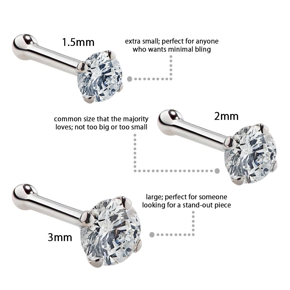 FreshTrends Cubic Zirconia Nose Stud | Nickel-Free 14K White Gold Nose Ring | 14K Gold Nose Studs in Size 1.5mm, 2mm, 3mm | White Gold Nose Stud with CZ 20 Gauge | Real Gold Nose Stud & Nose Bone