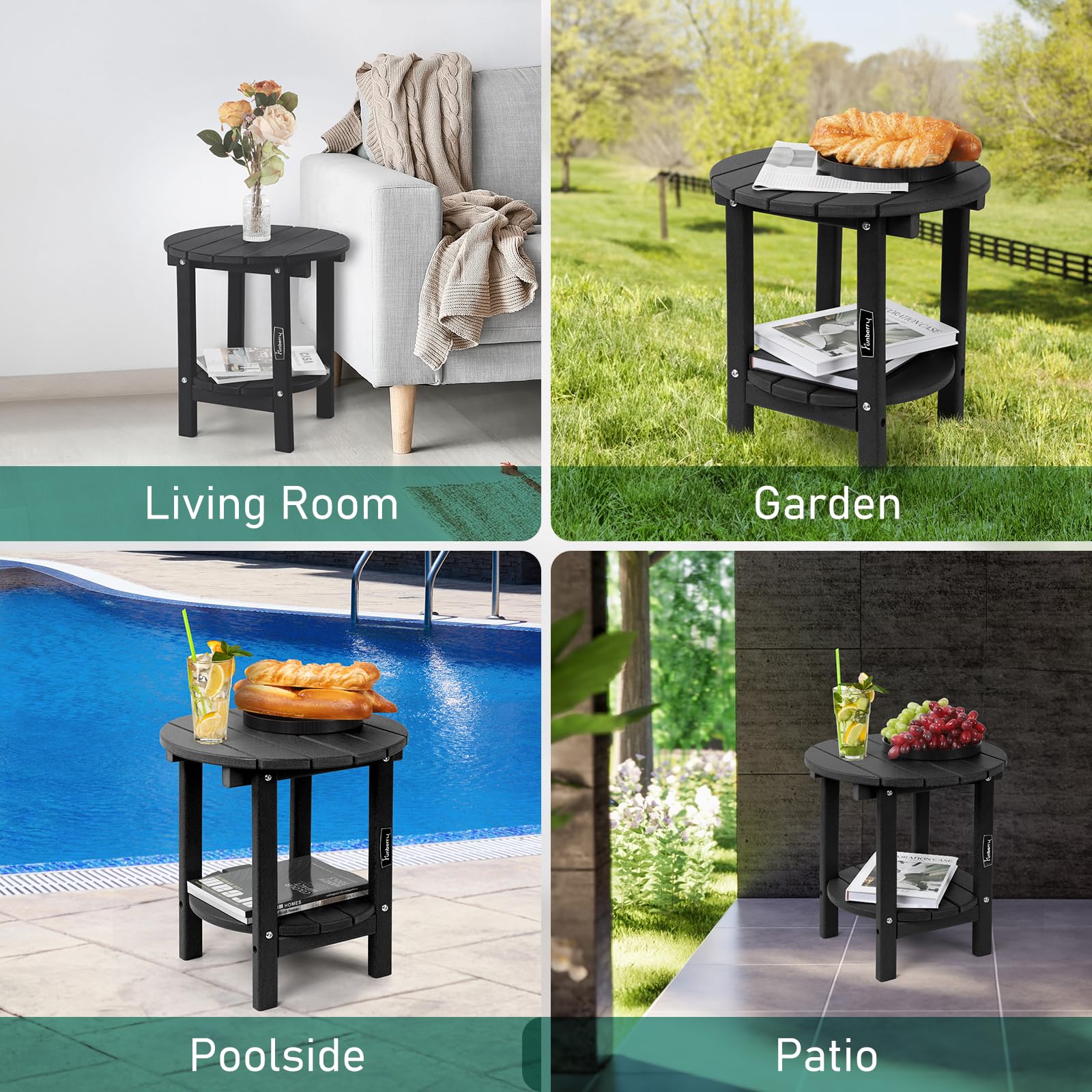 FUNBERRY Outdoor Side Table,Outdoor Side Tables for Patio,2-Tier Round Patio Side Table,Outdoor End Table,Porch Table,Outdoor Accent Table,Pool Side Table,Adirondack Side Table