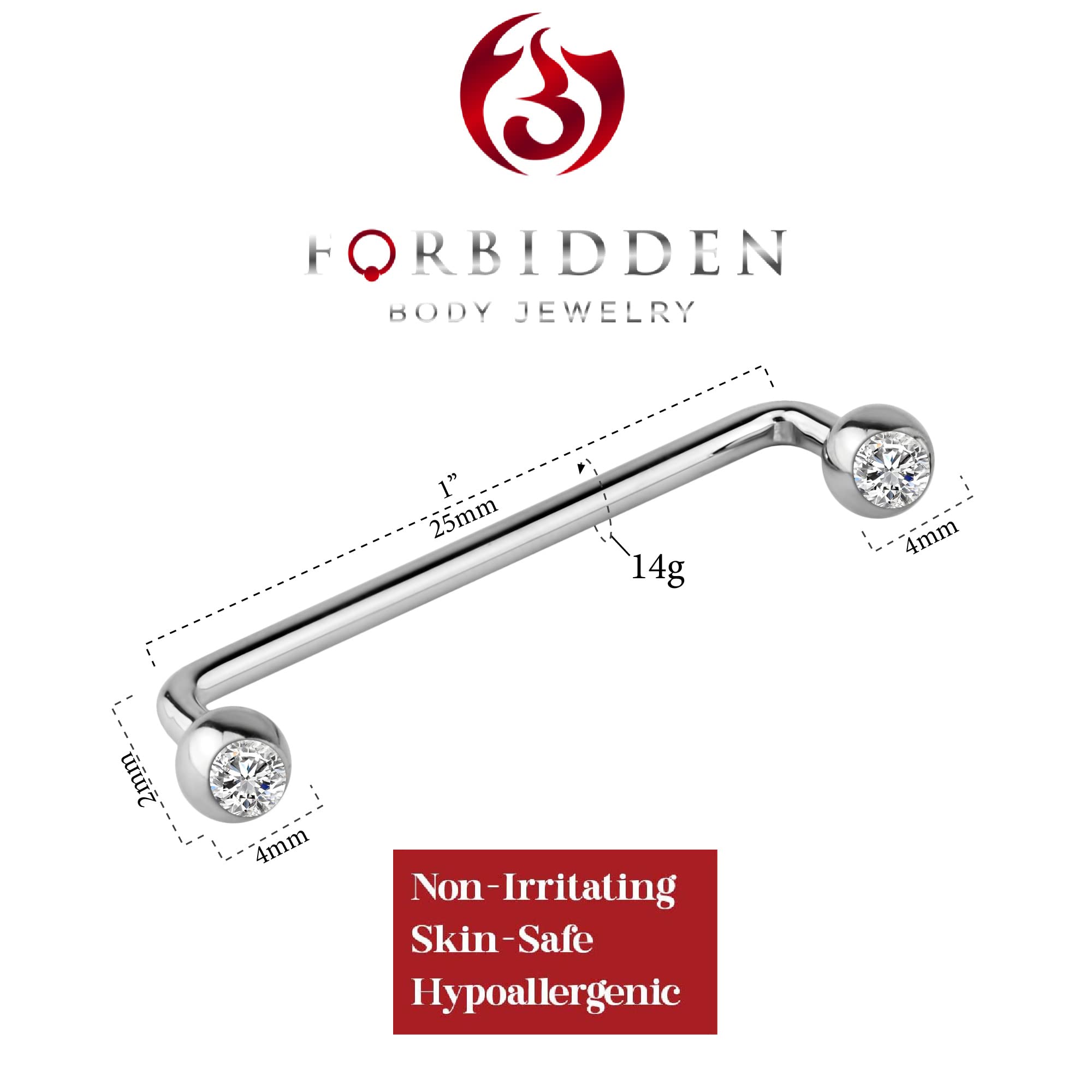 Forbidden Body Jewelry 14G 16mm Surgical Steel Double Ball CZ Crystal Staple Surface Piercing Barbell