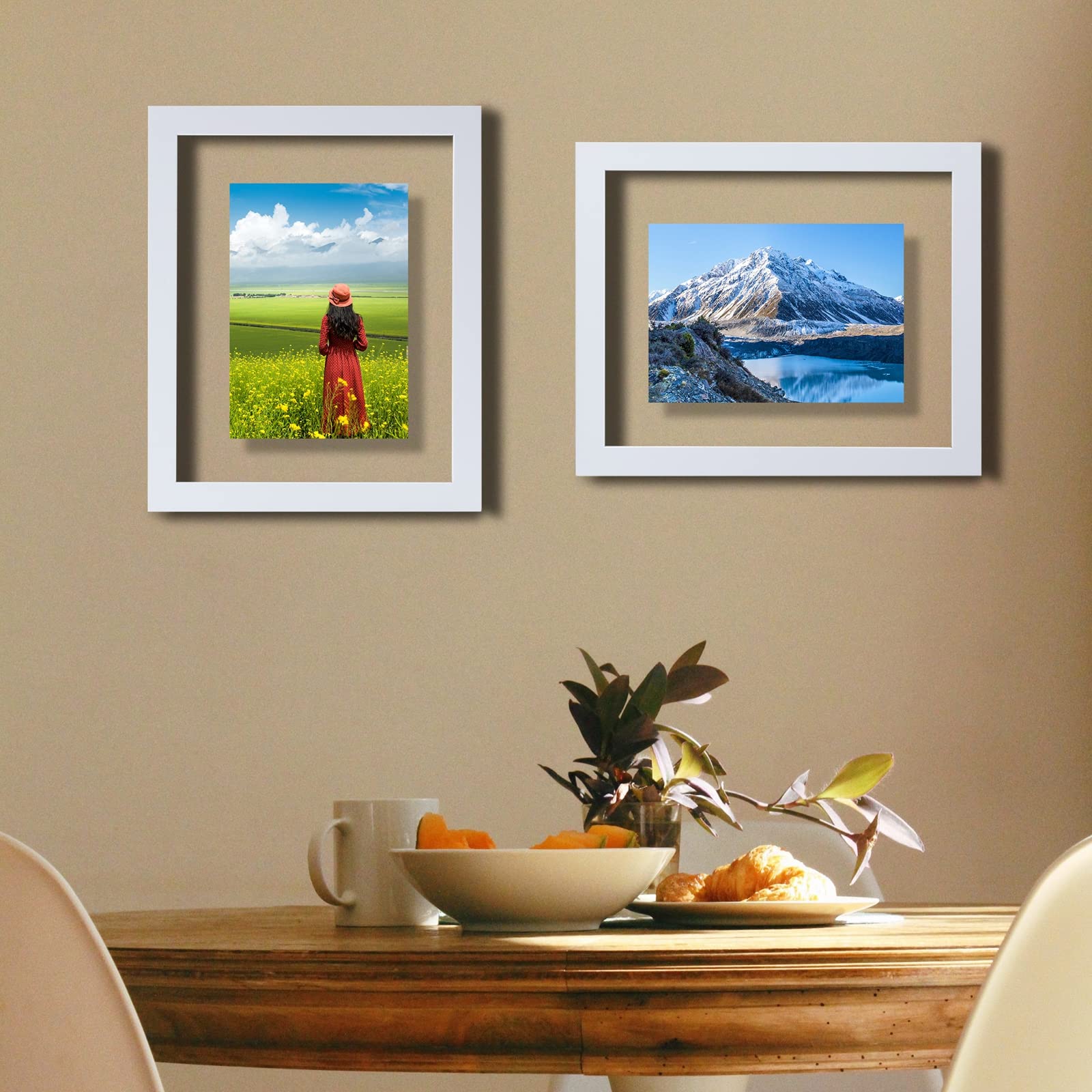 FIRMINANA 2 Pack 11x14 Floating Picture Frames,Display 2x3, 4x6, 5x7, 8x10, 11x14 Full Display Without Floating, Solid Oak Frame and High Definition Double Glass,Rustic White