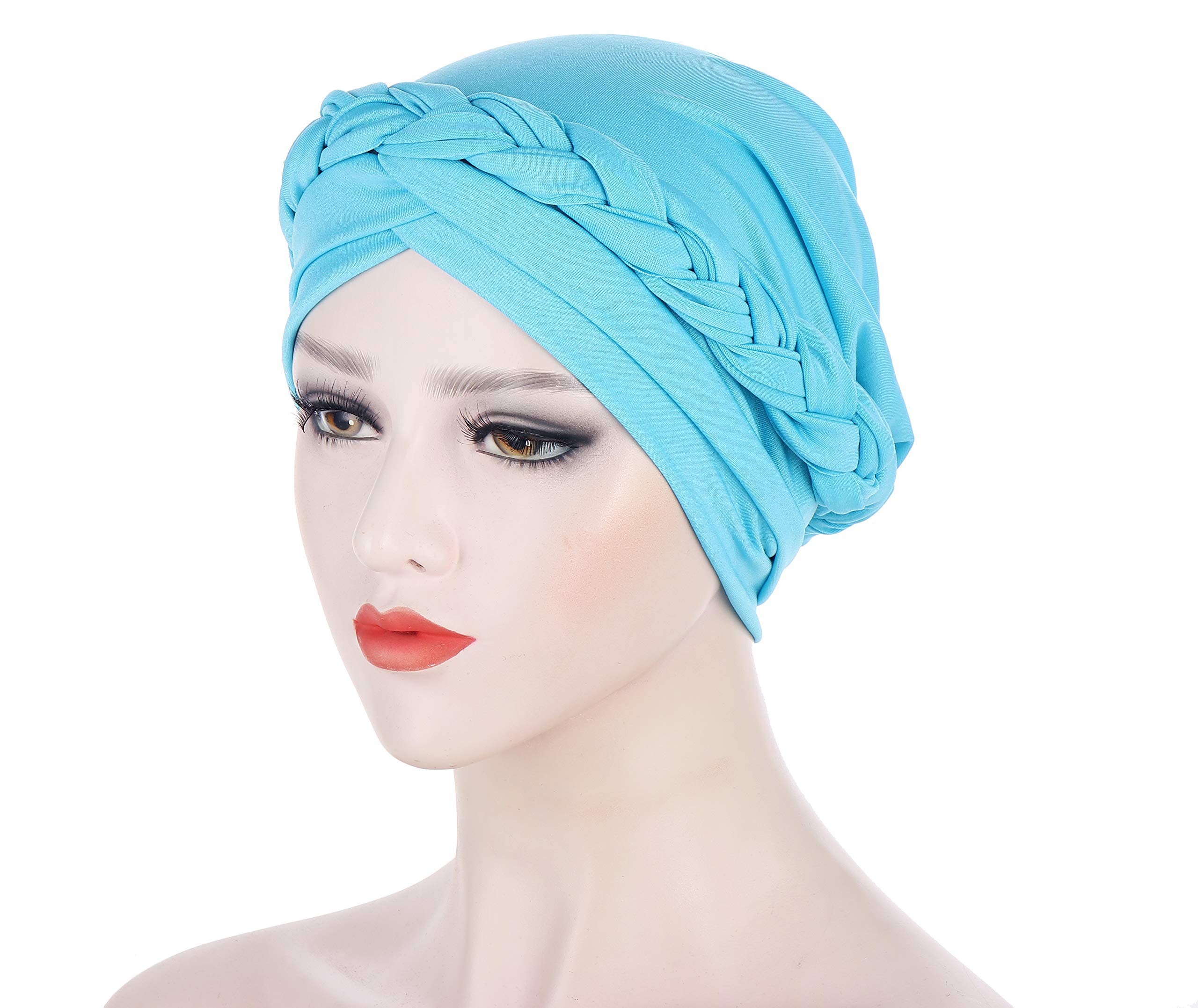 Fxhixiy Hijab Braid Silky Turban Hats for Women Cancer Chemo Beanies Cap Headwrap Headwear (Lake Blue)