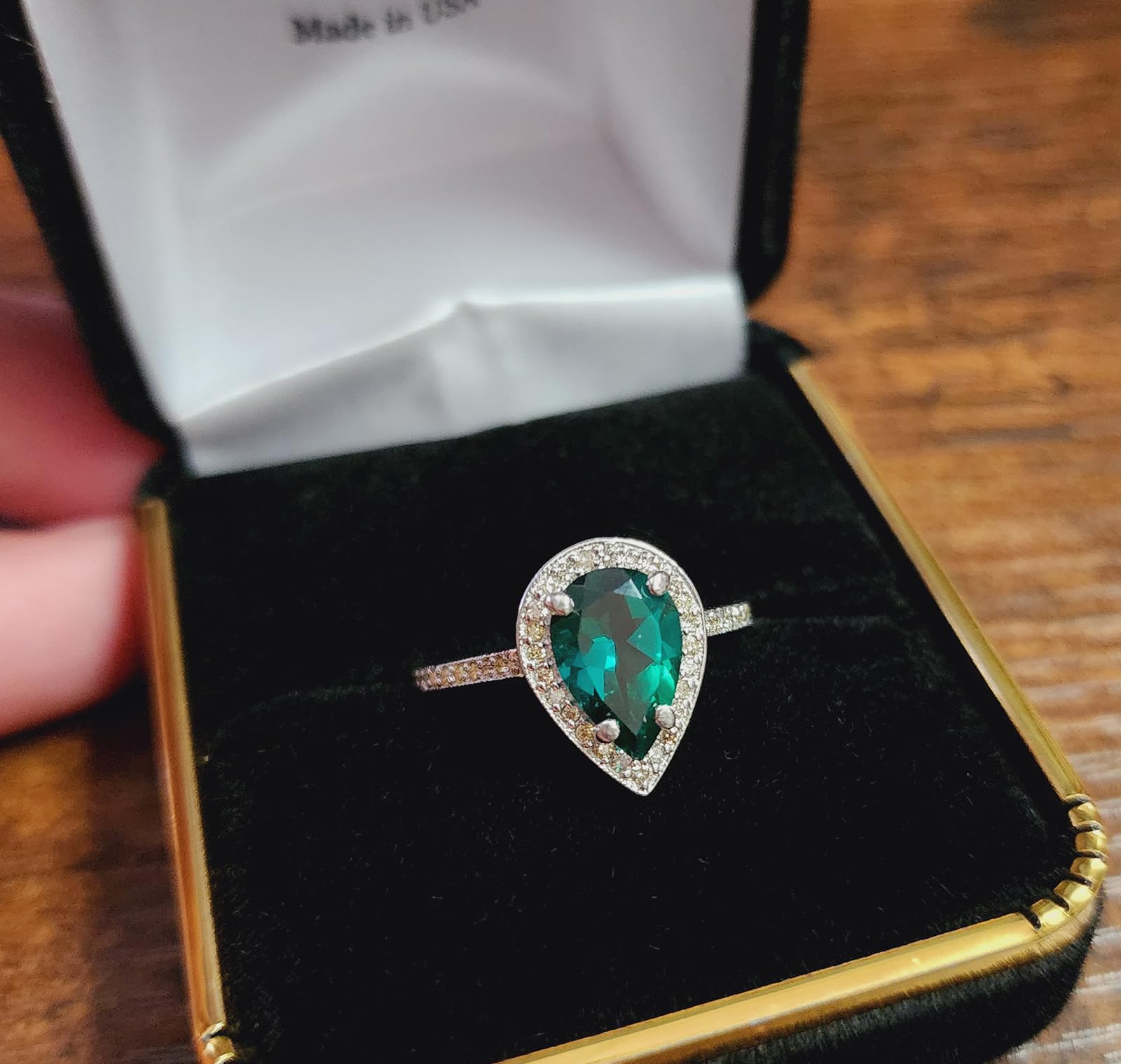 Galaxy Gold GG Stunning 1.69 Carat Total Weight 14K Solid White Gold Emerald and Natural Diamond Halo Ring Brilliant Pear Cut Tear Drop Shape Round Diamonds (6)