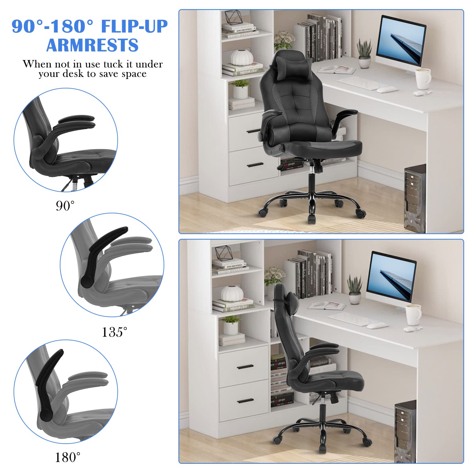 Gaming Chair Computer Chair Ergonomic Office Chair with Lumbar Support& Headrest& Armrest, Adjustable PU Leather High Back Desk Chair Racing Executive Rolling Swivel Task Chairs, Grey