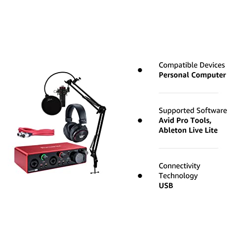 Focusrite Scarlett 2i2 Studio 3rd Gen USB Audio Interface Bundle with Desktop Boom Arm Mic Stand, Mic Shock Mount for 44-47mm Microphones and Pop Filter (4 Items)
