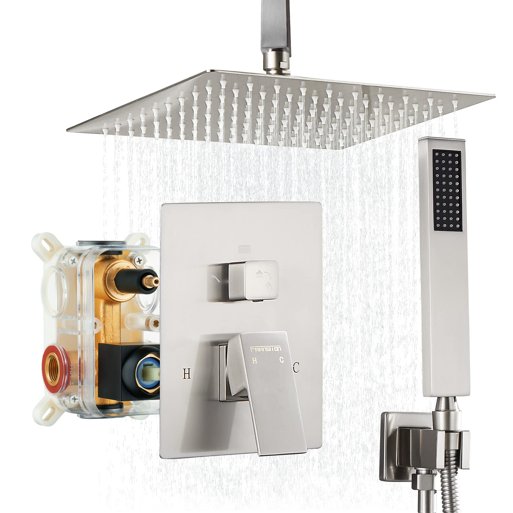 Fransiton 8 Inches Brushed Nickel Shower System Rain Shower System Set Wall Mounted, Rainfall Shower Head with Handheld, Bathroom Shower Kit (Valve Included)